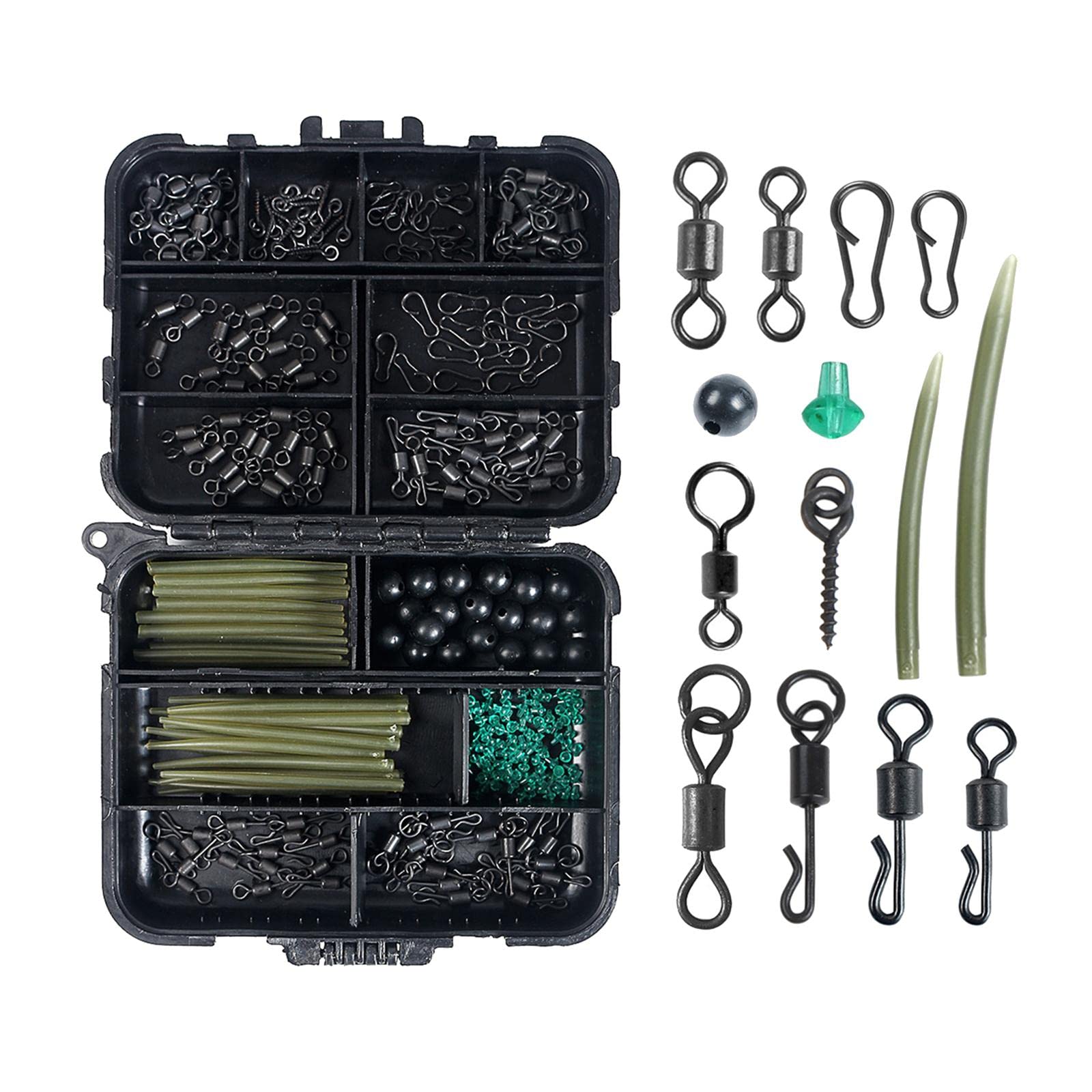 300pcs Carp Fishing Tackles Set, Assorted Rolling Swivels, Rigs Swivel Clips Hooks, Sleeves Stoppers, Stop Beads Accessories with Storage Case