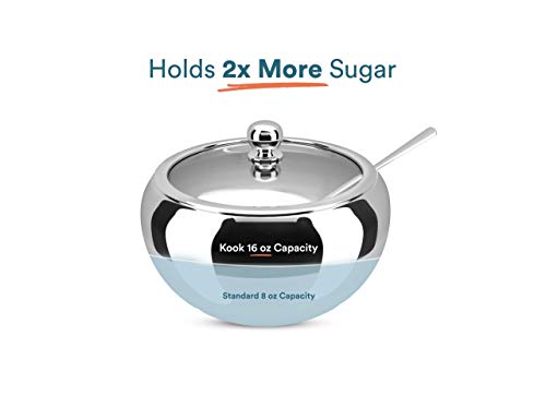 KooK Large Stainless Steel Sugar Bowl with Lid and Spoon, Serving Dish, Clear Glass Lid, Storage for Salt, Candy, Coffee, Holds 2 Cups, Dishwasher Safe, 16 oz (Stainless Steel)