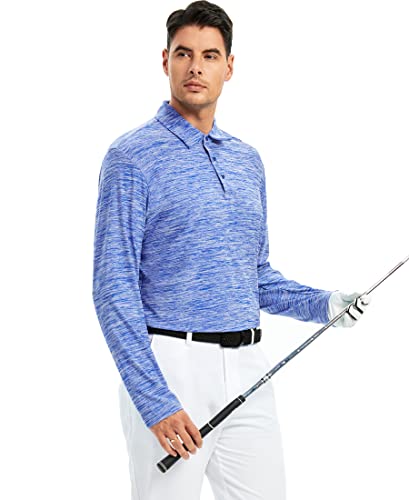 Alex Vando Mens Golf Shirt Moisture Wicking Quick-Dry Long Sleeve Casual Polo Shirts for Men,Blue,L