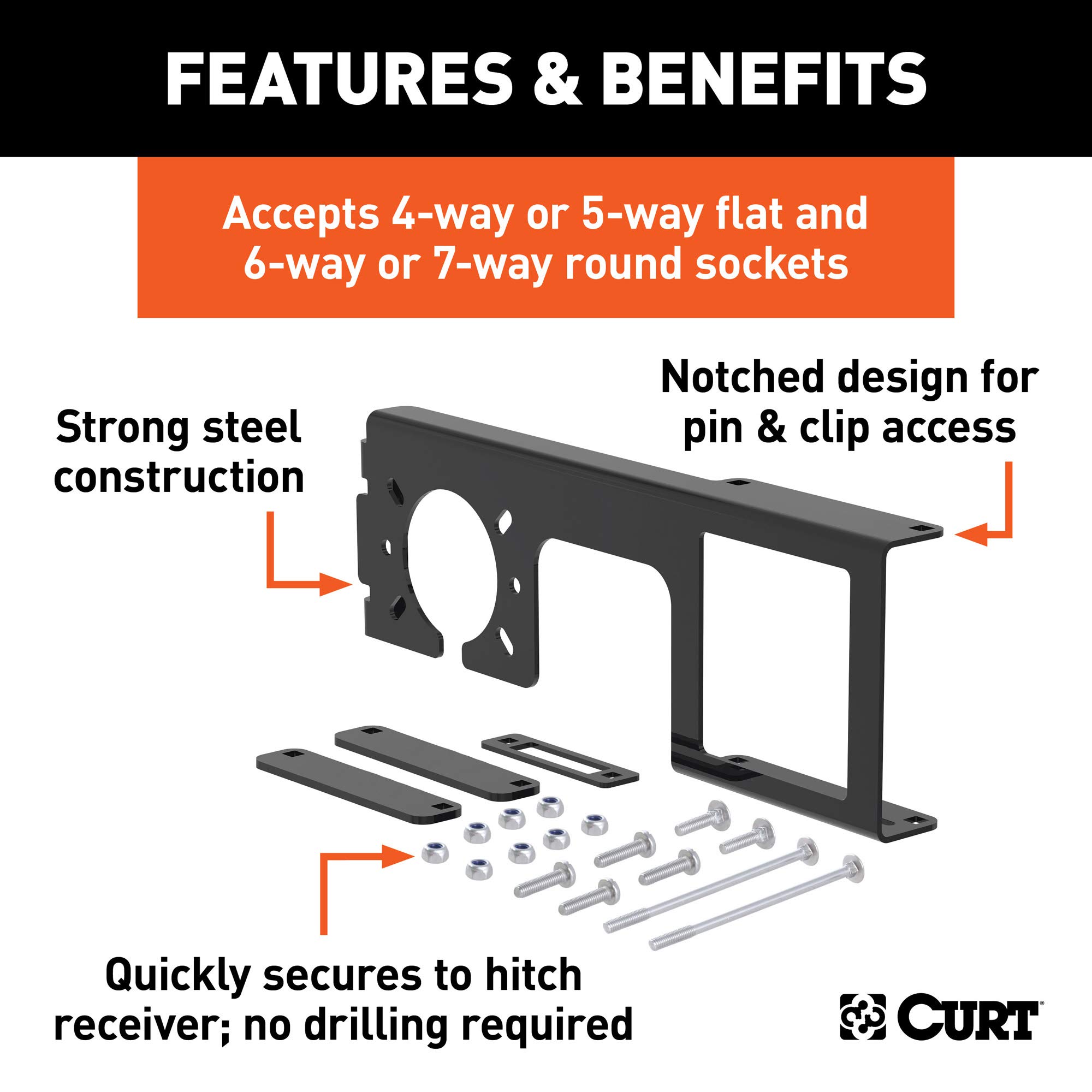 CURT 58003 Easy-Mount Vehicle Trailer Wiring Connector Mounting Bracket for 2-1/2-Inch Receiver, 4 or 5-Way Flat, 6 or 7-Way Round, GLOSS BLACK POWDER COAT