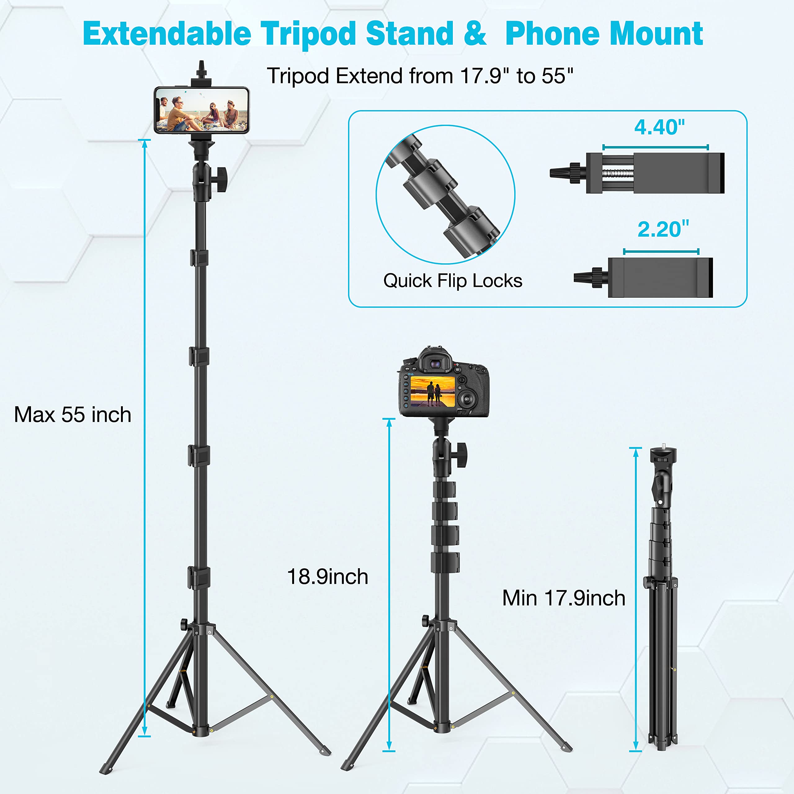 55” Phone Tripod Stand & Selfie Stick Tripod, All-in-One Extendable Camera & Cell Phone Tripod with Wireless Remote and Phone Holder, Compatible with iPhone Andriod Phones Black