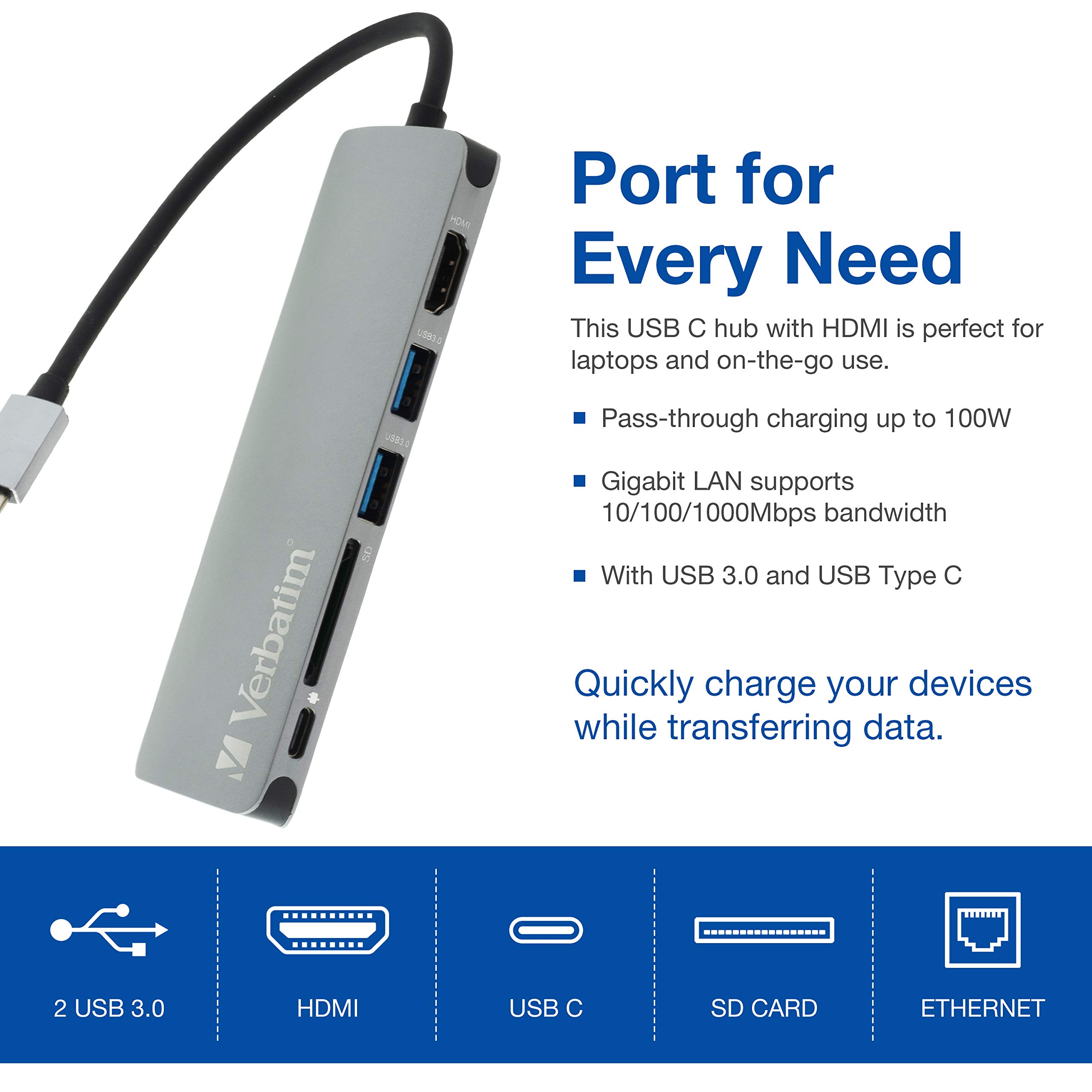 Verbatim 6-in-1 USB C Hub w/Dongle - USB Hub for Laptop w/ 2 USB 3.0, USB C, SD Card Reader, 4K HDMI, Ethernet, Compact & Portable USB-C Hub