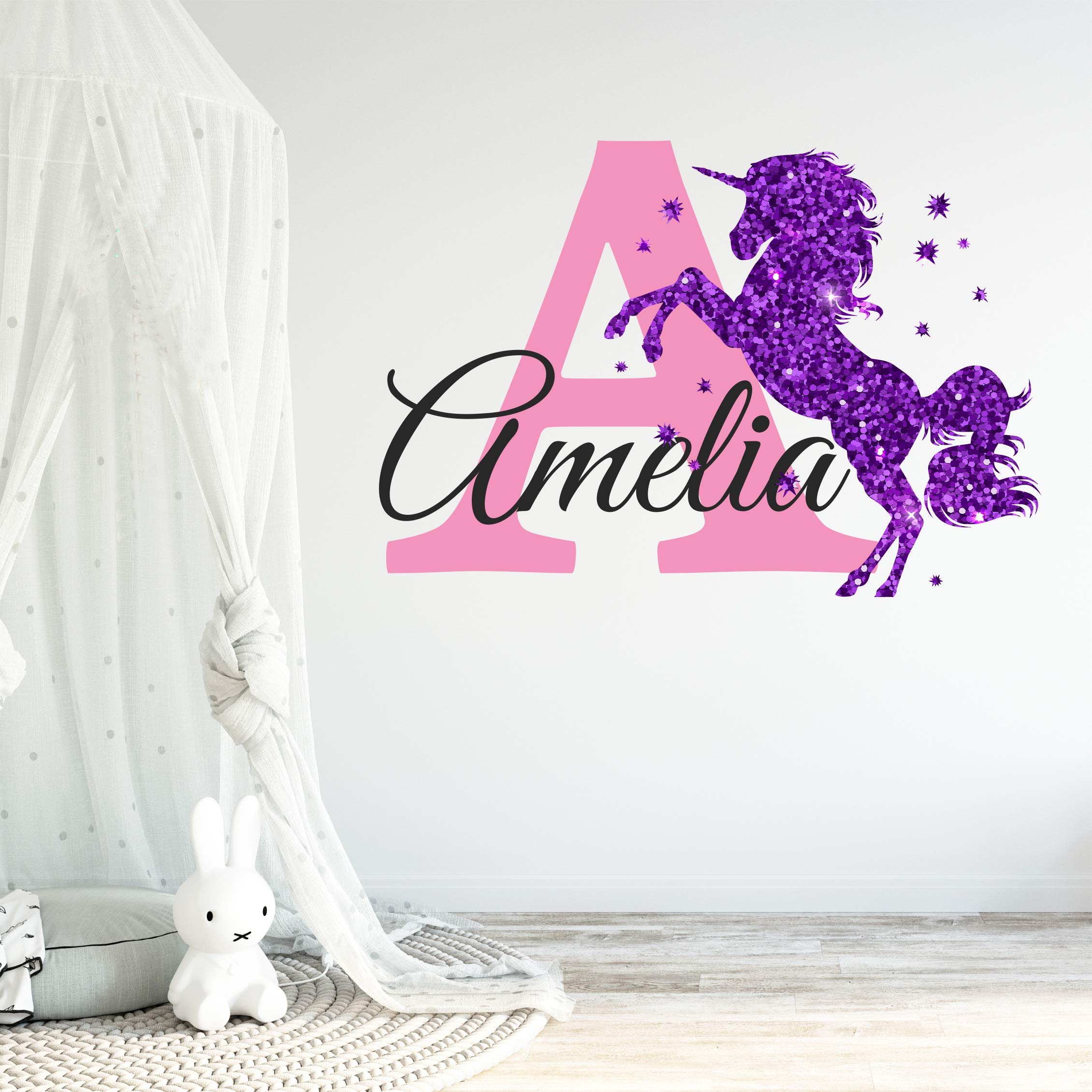 Nursery Girls Purple Glitter Sparkle Printed Unicorn Custom Personalized Name and Initial Wall Decal, Wall Decor Wall Stickers (Medium)