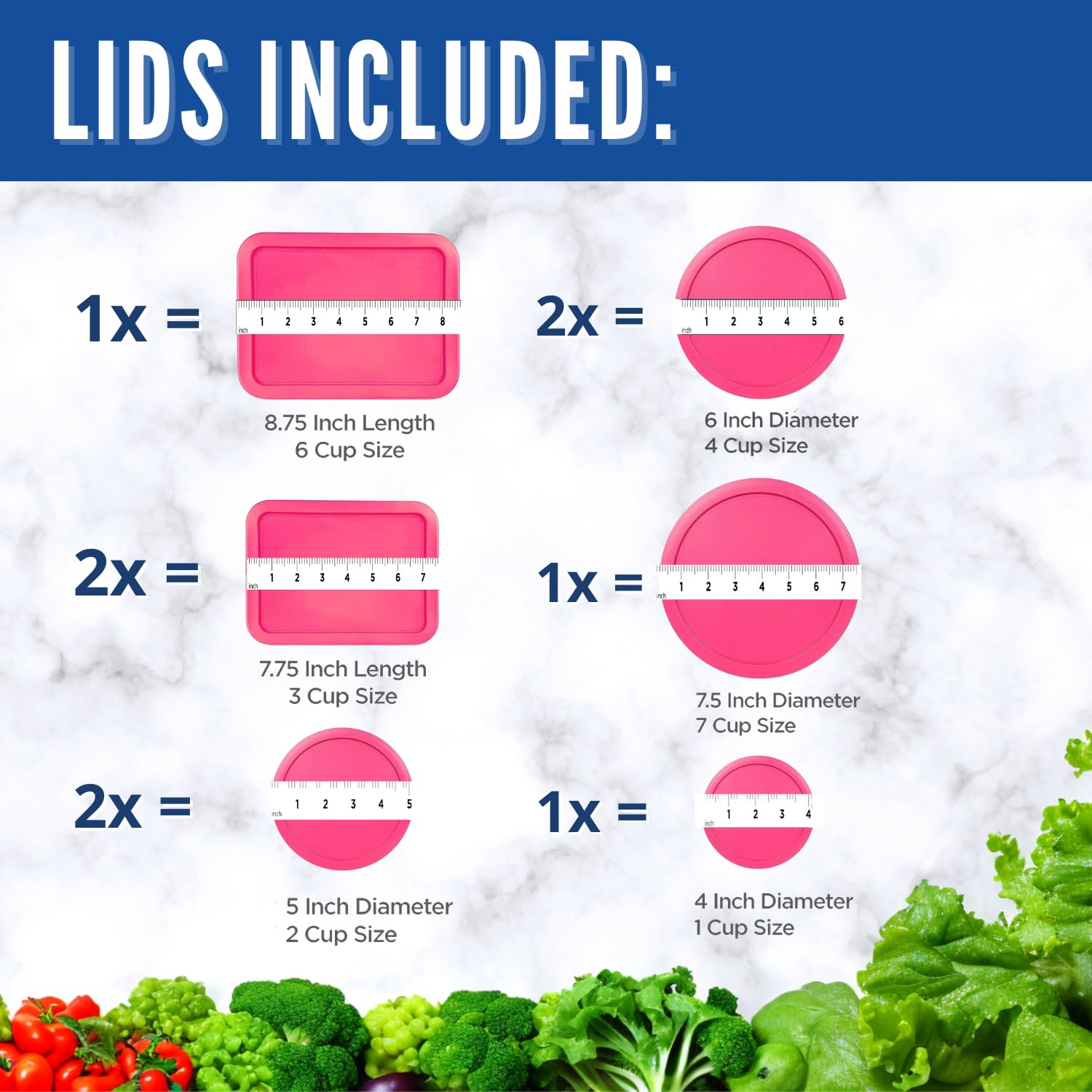 Replacement Lids for Pyrex Containers (1) 1-Cup (2) 2-Cup (2) 4-Cup (1) 7-Cup (2) 3-Cup (1) 6-Cup Round Rectangle (Blue)