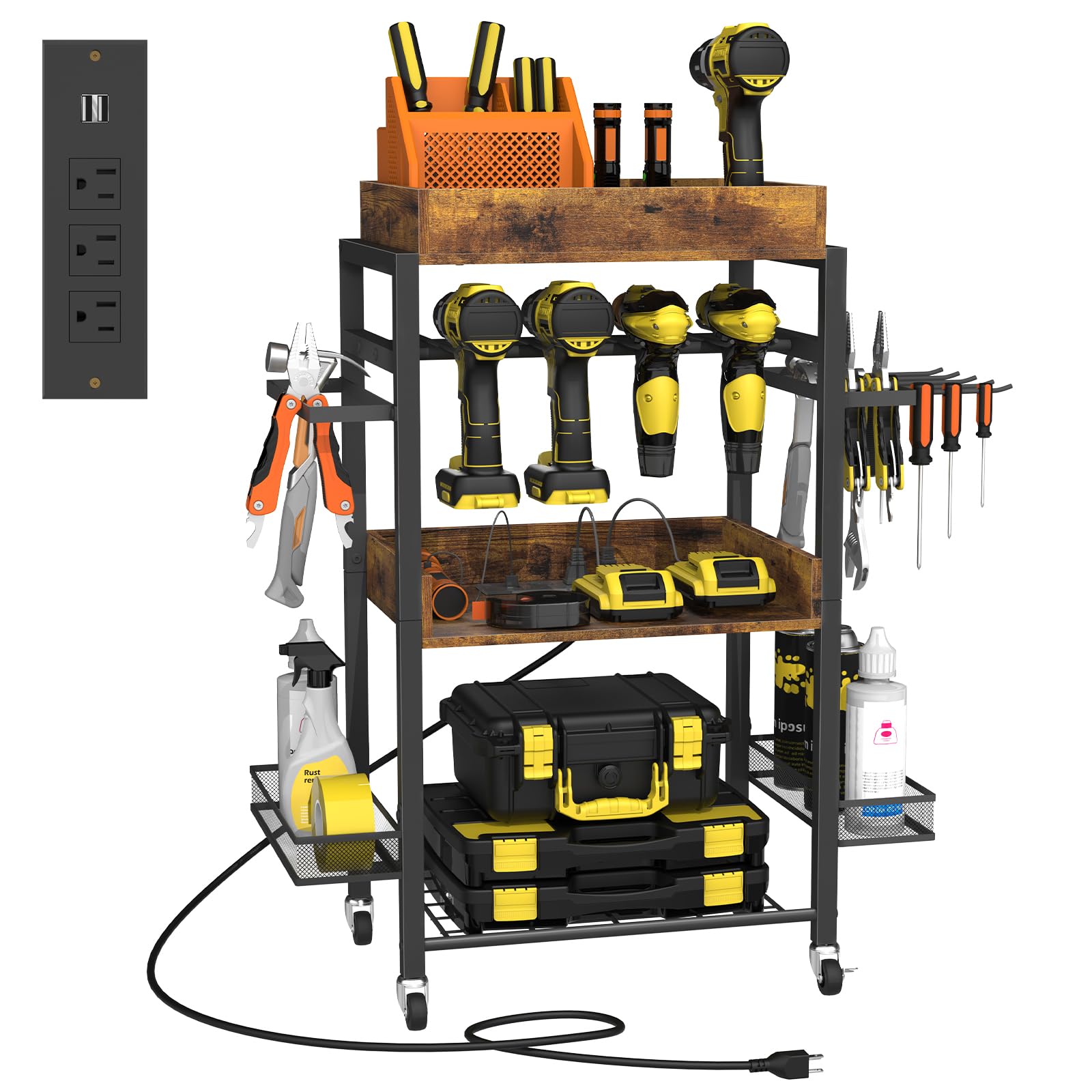 MOOACE Power Tool Organizer Storage Cart with Charging Station and Wheels, 4 Tier Heavy Duty Metal Rack, Rolling Tool Utility Cart, for Workshop, Garage, Workbench, Brown
