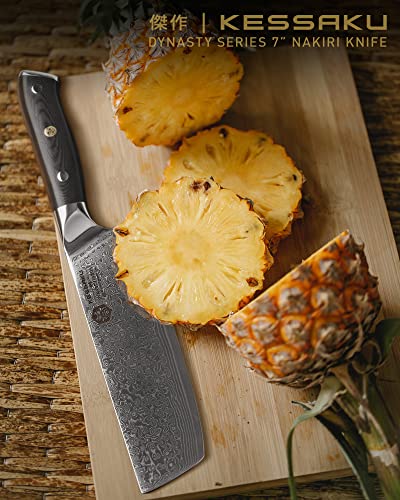 KESSAKU Nakiri Knife - 7 inch - Damascus Dynasty Series - Asian Vegetable Cleaver - Razor Sharp Kitchen Knife - Forged 67-Layer Japanese AUS-10V Stainless Steel - G10 Garolite Handle with Blade Guard