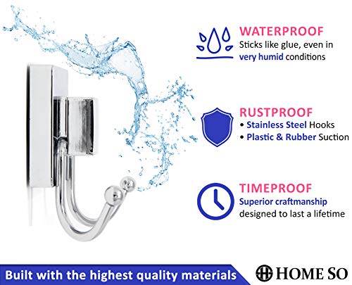 HOME SO Suction Cup Hooks for Shower, Bathroom, Kitchen, Glass Door, Mirror, Tile β Loofah, Towel, Bath Robe Removable Hook Holder β Prisma Collection, Stainless Steel Chrome (2-Pack)β¦
