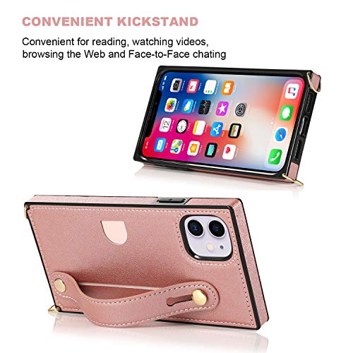 KIHUWEY iPhone 11 Crossbody Wallet Case with Credit Card Holder,Protective Kickstand Cover Case for iPhone 11 6.1 Inch (Rose Gold)