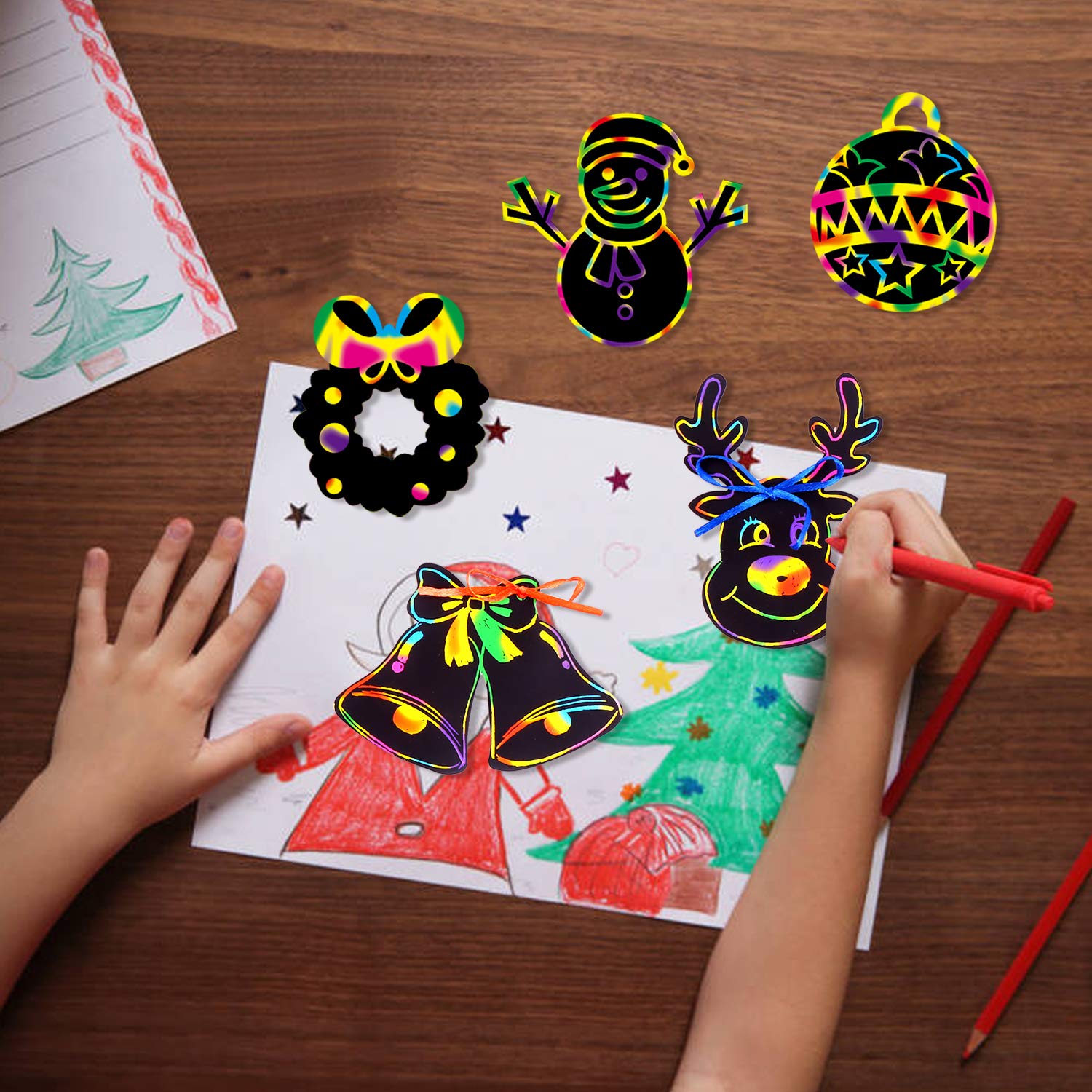 DIYASY Christmas Scratch Art Paper,48 Pcs Crafts Kits Magic Rainbow Scratch Cards for Xmas Tree Ornaments and Kids Birthday Decoration