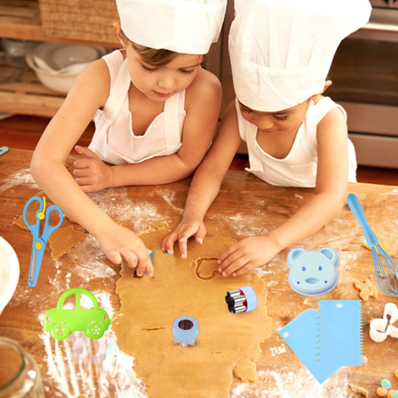 44 PCs Kids Knife for Real Cooking, Hombae Toddler Cooking Set Safety Wooden Plastic Knives Cutting Board Bread Fruit Fork Crinkle Cutter Peeler Scissor Cream Scraper Egg Beater Glove Apron Bag Blue