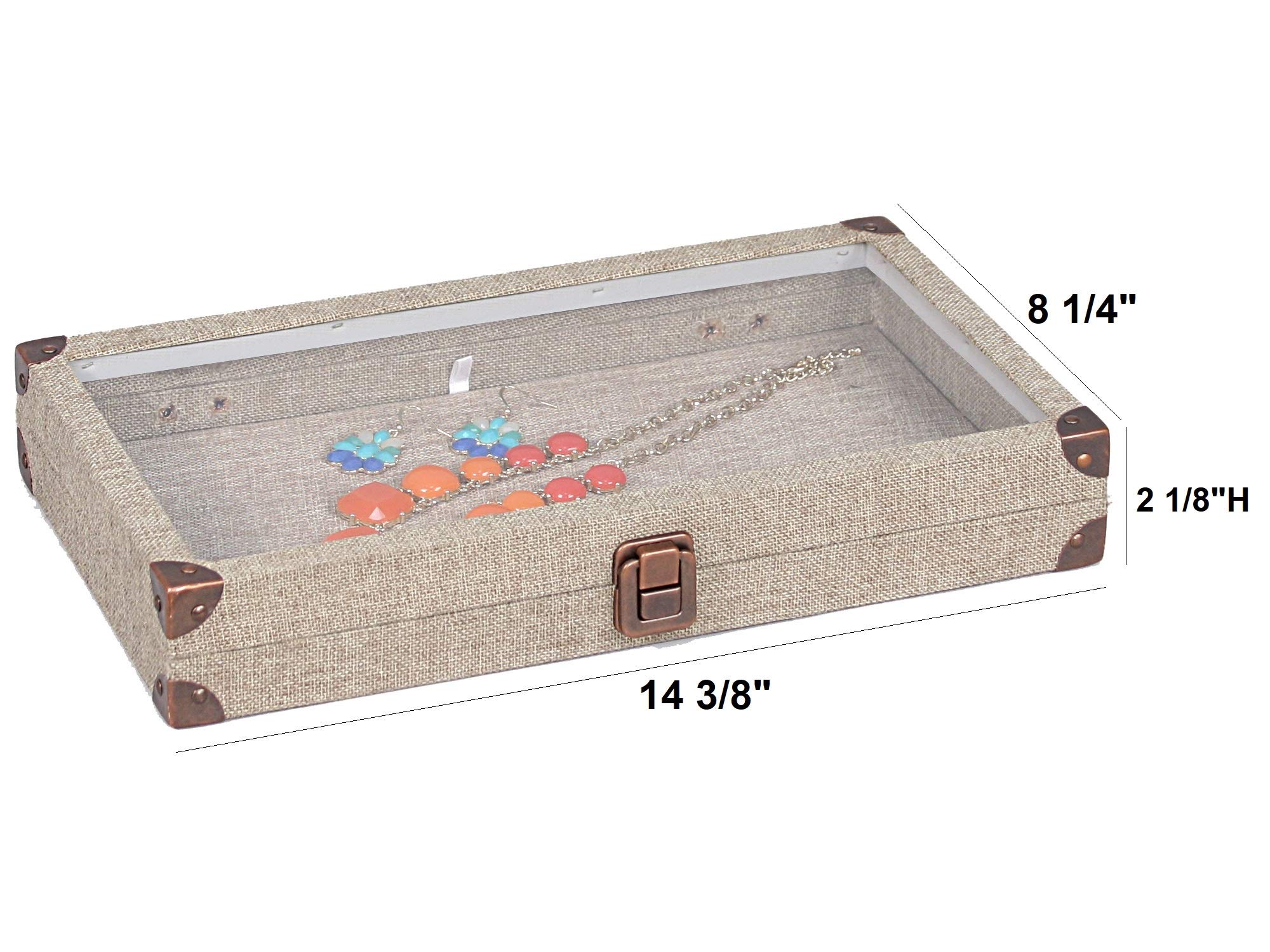 888 Display USA - Burlap Storage/Jewelry Case with Glass Top and Latch Display Tray