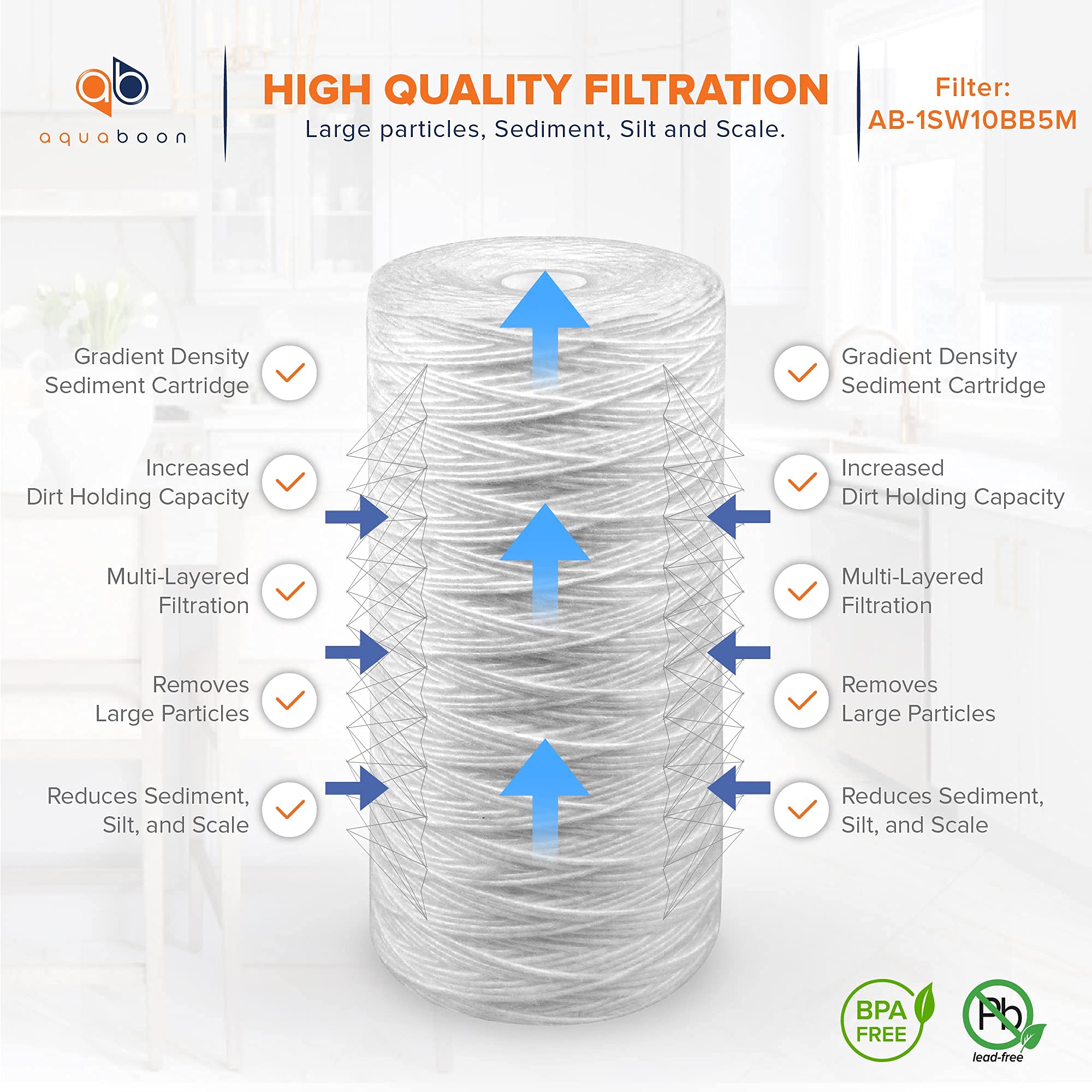Aquaboon 5 Micron 10" x 4.5" String Wound Sediment Water Filter Cartridge | Whole House Sediment Filtration | Compatible with 84637, WPX5BB97P, PC10, 355214-45, 355215-45, WP10BB97P WP5BB97P 10-Pack