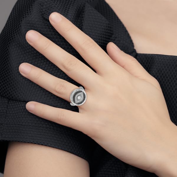 925 Sterling Silver Black White Cubic Zirconia CZ Hamsa Good Luck Evil Eye Protection Ring Size 7