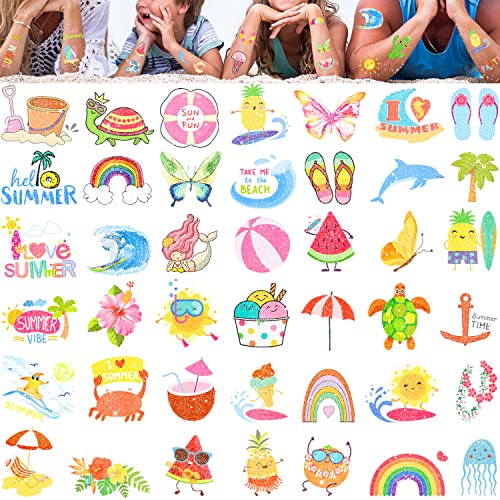 Glitter Summer Tattoos Temporary For Kids Hawaiian Luau Themed Tattoos Tropical Beach Waterproof Tattoos Stickers Pool Party Favors Decoration Supplies For Adults