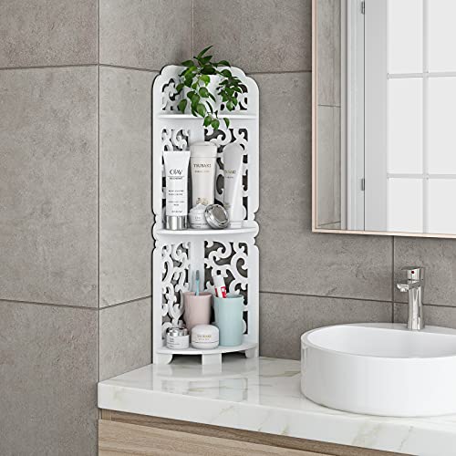 MENGK 3 Tier White Wooden Corner Shelf Unit Home Decor Bathroom Storage Unit Furniture
