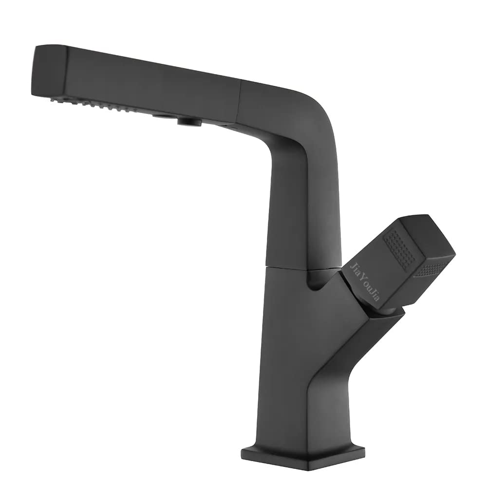 JiaYouJia Modern Bathroom Faucet with Pull-Out Spray Head Matte Black Adjustable Height Single Handle Bathroom Sink Faucet Dual Function Laundry Basin Faucet
