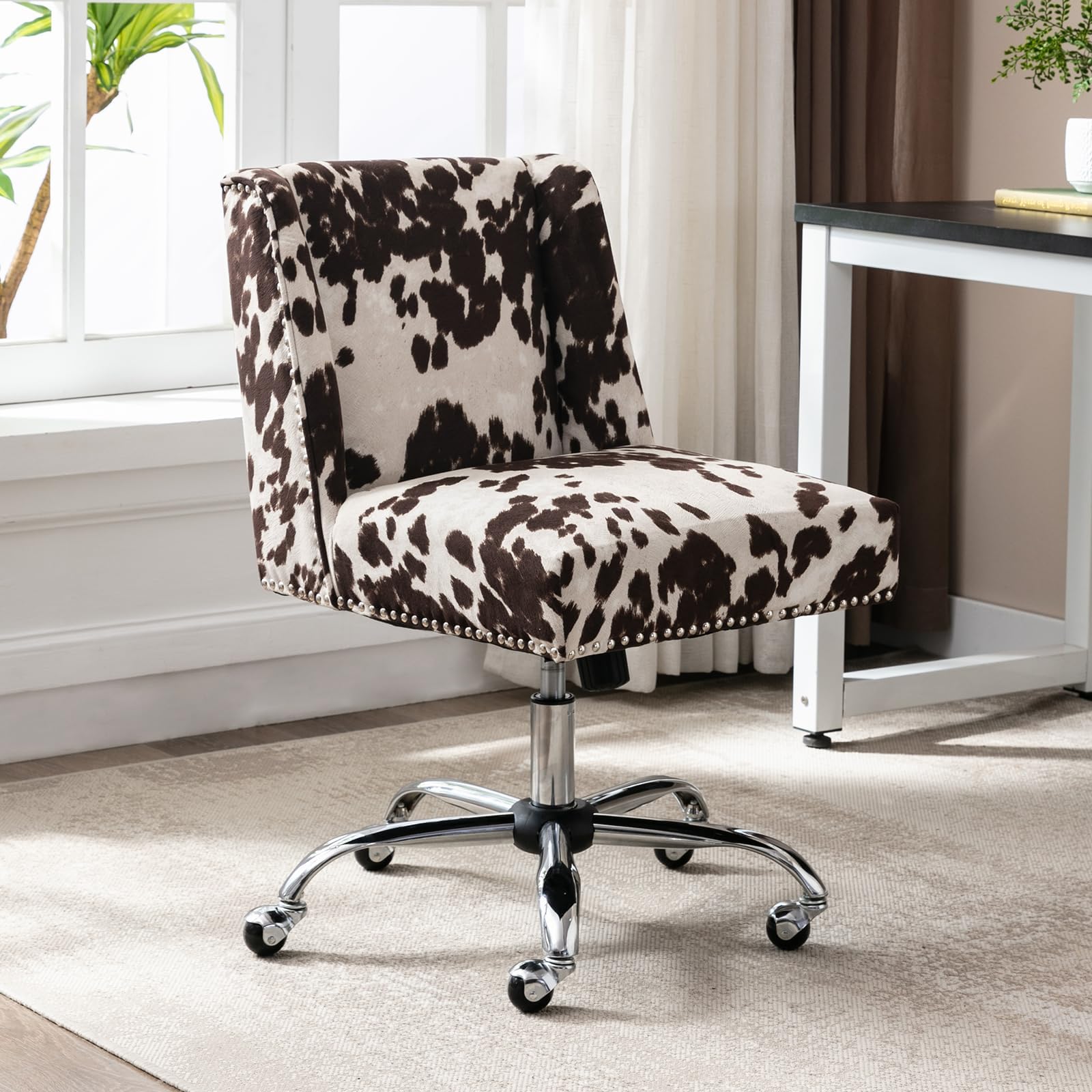 Janoray Home Office Desk Chair, Modern Swivel Height Adjustable Computer Chair, Comfy Upholstered Armless Accent Chair for Reading/Living Room/Small Space, Cow Fabric & Chrome Base