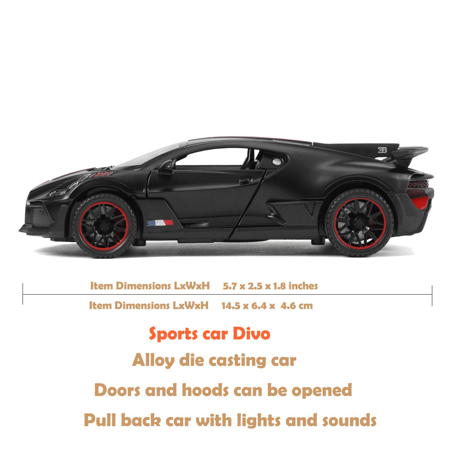 Bugatti Divo Diecast Metal Model Cars for Boy Toys Age 3-12 Pull Back Vehicles with Music Doors and Hood Can Be Opened(Black)