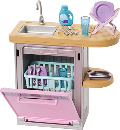Barbie Furniture and Accessories, Doll House Decor Set with Dishwasher Theme, Kitchen Add-On with Counter Sink