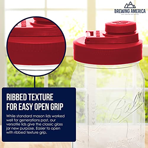Brewing America Glass Mason Jar Pitcher with Lid - Ball Jars, 2 Quart (64 oz) with Old Glory Red Wide Mouth Mason Jar Pour Lid, for Smoothie, Boba Cup, Sun Tea Jar, Cold Coffee Glass Tumbler