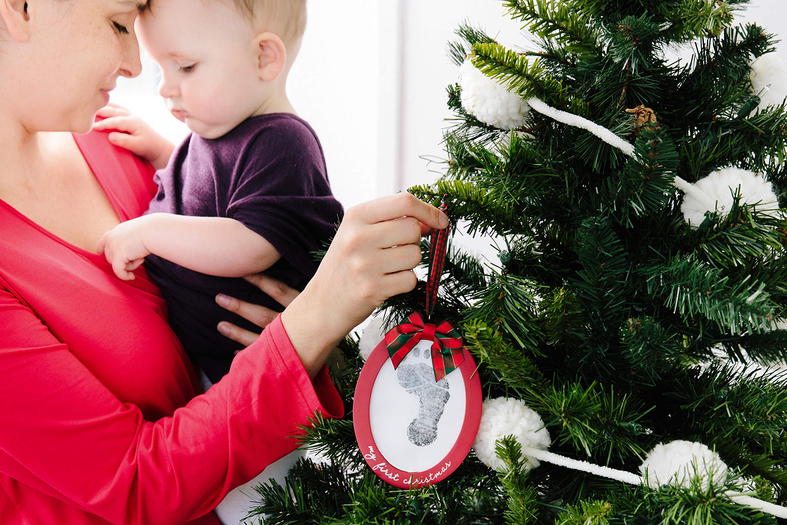 Pearhead Babyprints Double-Sided Christmas Photo Ornament with Clean Touch Ink Pad, Baby's First Christmas Holiday Keepsake Ornament, Newborn Handprint or Footprint Kit, 2 Sided, Red