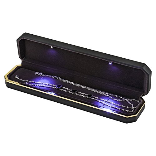 LED Jewelry Gift Box Case Elegant Velvet Necklace Pendant Box Bracelet Box with LED Light for Jewelry Display Proposal Engagement Wedding Valentine's Day Black Size:9.21"x2.36"x1.26"