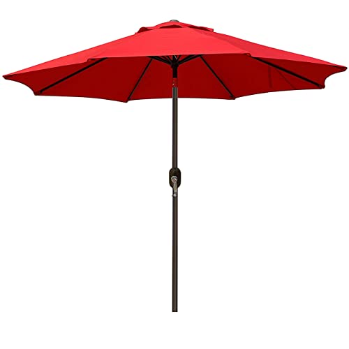Blissun 9ft Patio Umbrella, Manual Push Button Tilt and Crank Garden Parasol (Red)