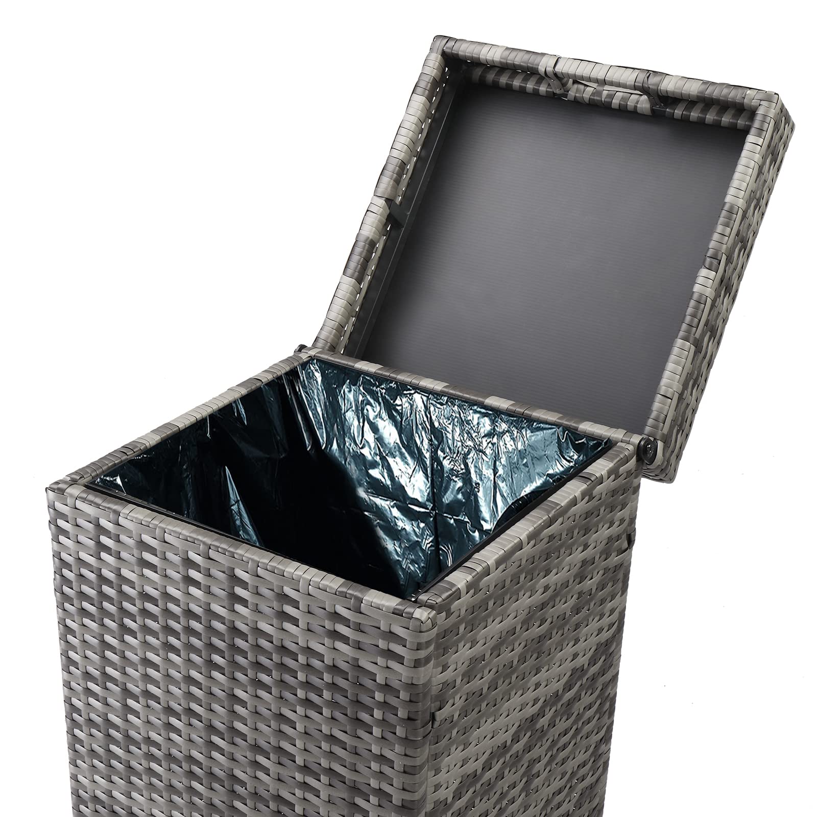 czczgx 26.7 Gallon Outdoor Wicker Trash Bin Rattan Patio Waste Basket with Lid, Wicker Recycling Basket Patio Trash Can for Backyard, Deck, Poolside (Gray)
