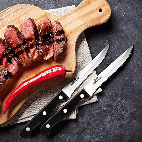 G.a HOMEFAVOR Steak Knife Set Stainless Steel, 8 Pieces Full Tang Sharp Serrated Knives Cutlery Set, Black