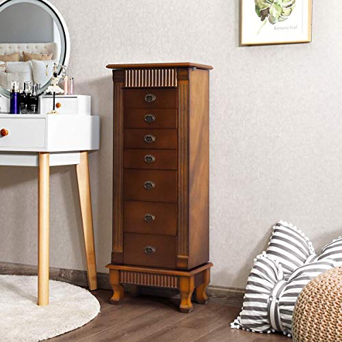HOMGX Cabinet Chest, Makeup Mirror and Top Divided Storage Organizer, Large Standing Jewelry Armoire with 7 Drawers, 2 Swing Doors, 12 Necklace Hooks