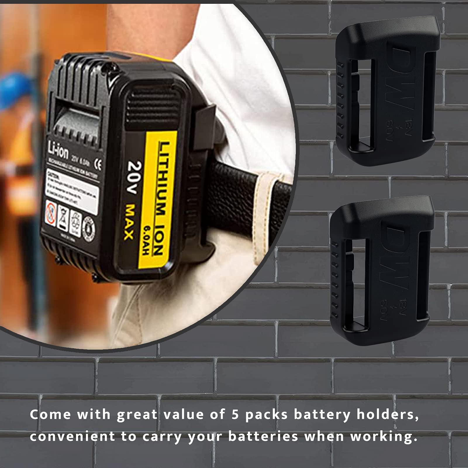 5Packs Mellif Battery Holder for Dewalt 20V 60V Battery Wall Mount Display Hanger Dock Garage Organization, Black