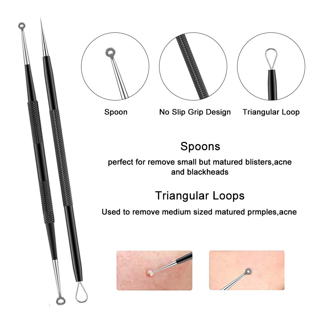 Pimple Popper Tool Kit, Aooeou 10 Pcs Professional Blackhead Extractor with Metal Case - Easy Removal for Pimples, Blackheads, Zit Removing, Forehead and Nose(Black)