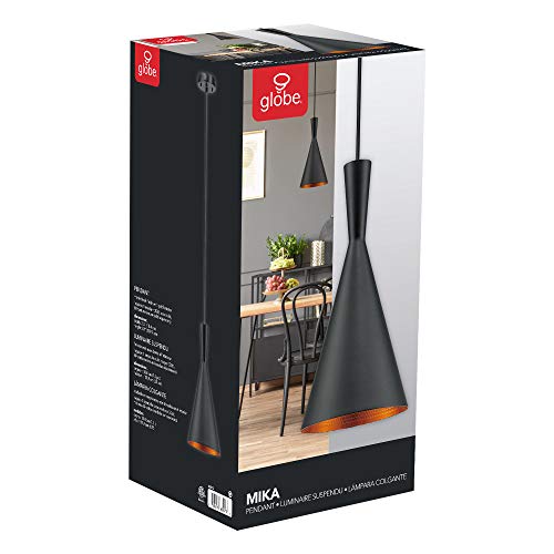 Globe Electric 63873 1-Light Hourglass Pendant, Matte Black, Gold Interior, Black Cord, E26 Base Socket, Kitchen Island, Pendant Light Fixture, Adjustable Height, Home Décor Lighting, Home Decor, Mira