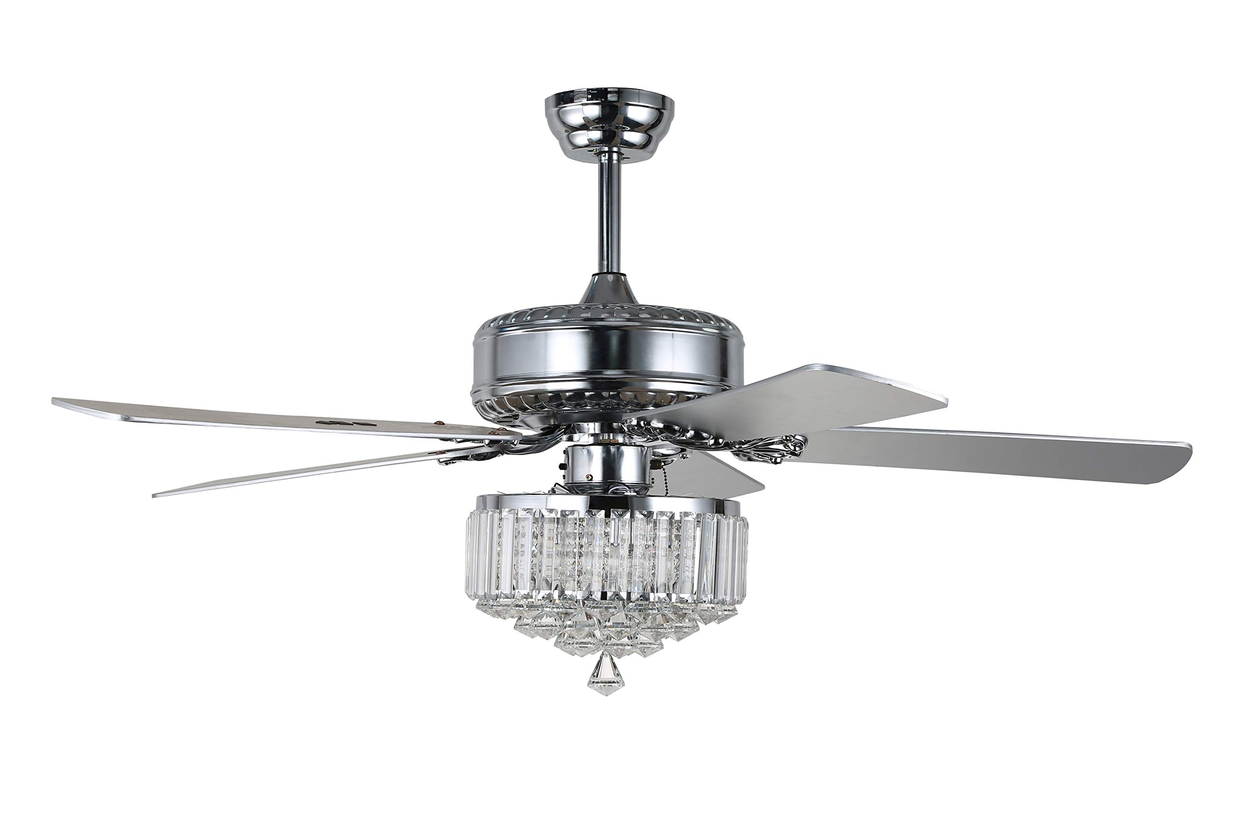 52" Crystal Ceiling Fan Chandelier, Remote Control, Reversible Motor & 5 Wood Reversible Blades, Chrome Finish