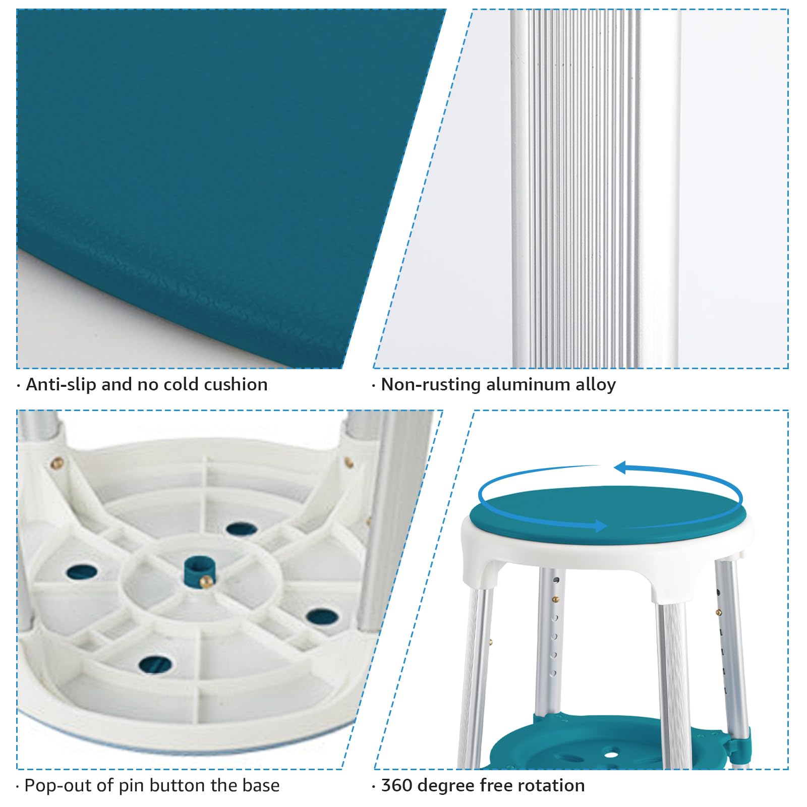 KSITEX Shower Stool Chair for Inside Shower, Upgrade Small Corner Plastic Stool for Seniors Adult, 360° Swivel Shower Stool Seat for Bathroom, 6-Level Adjustable Height Bath Chair Stools with Shelf