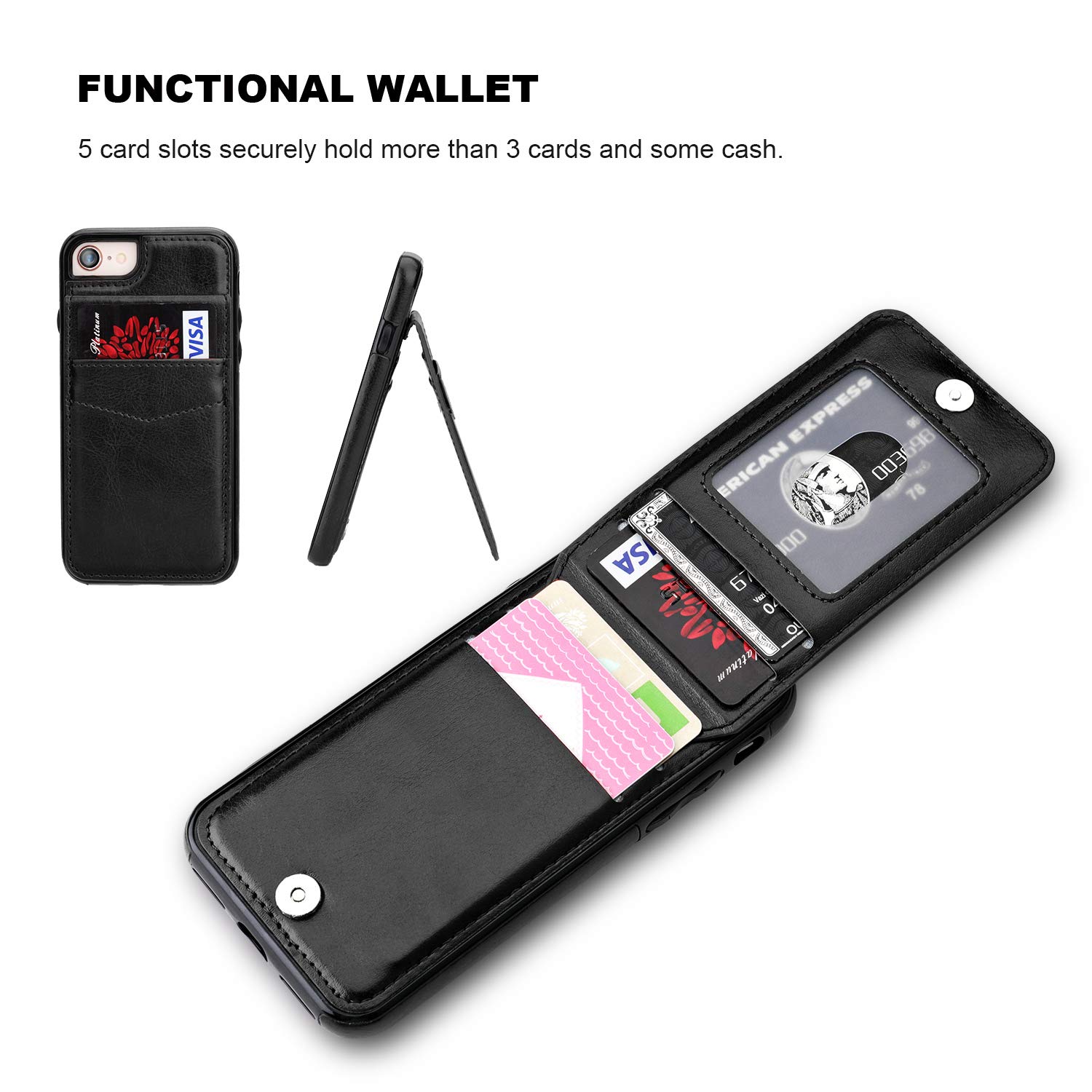 KIHUWEY iPhone 7 iPhone 8 iPhone SE 2020 Case Wallet with Credit Card Holder, Premium Leather Magnetic Clasp Kickstand Heavy Duty Protective Cover for iPhone 7/8/SE 4.7 Inch(Black)