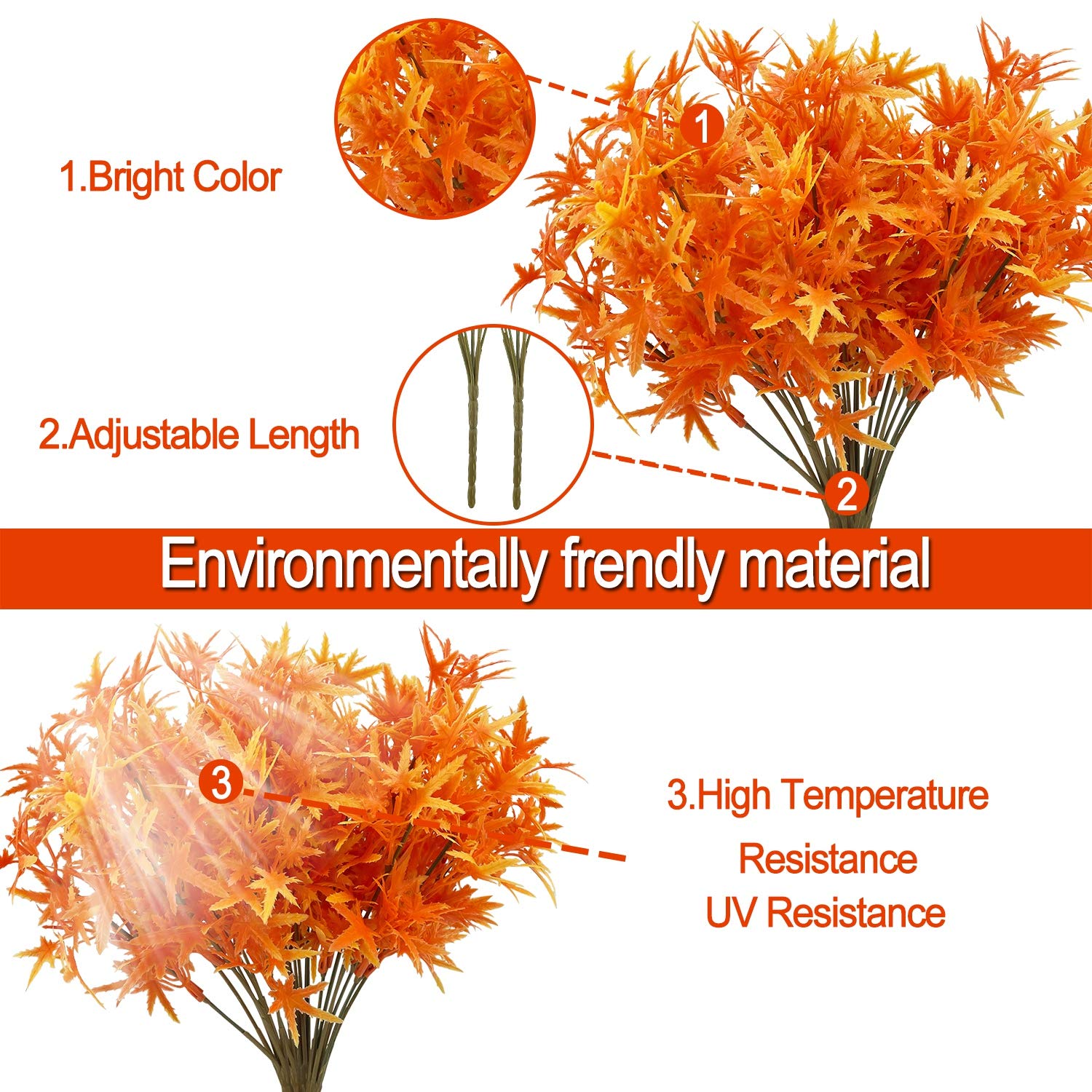 5PCS Thanksgiving Decorations Artificial Fall Maple Leaves Branches Decoration,Faux Plastic Autumn Fall Leaves Stem Greenery Shrubs Plants Indoor Outdoor Home Garden Party Table Decor(Orange)