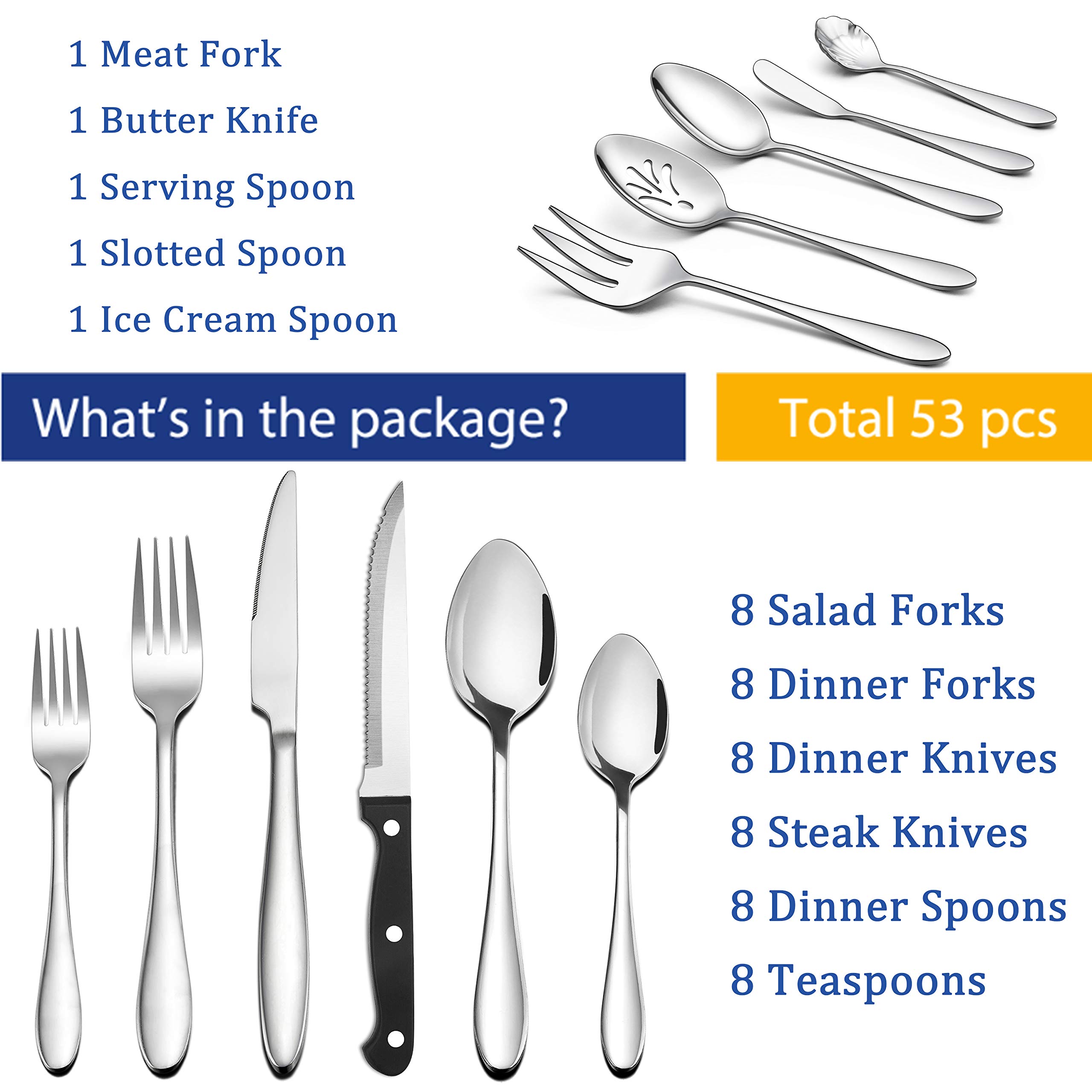 53-Piece Silverware Set with Steak Knives Serving Utensils, E-far Stainless Steel Flatware Cutlery Set for 8, Modern Tableware Eating Utensils for Restaurant Kitchen, Mirror Polished, Dishwasher Safe