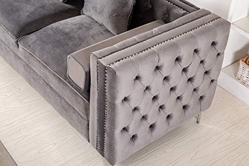 Legend Vansen Reversible L Shaped Velvet Sofa Chaise with Ottoman for 3seats Large Size Sectional, Grey