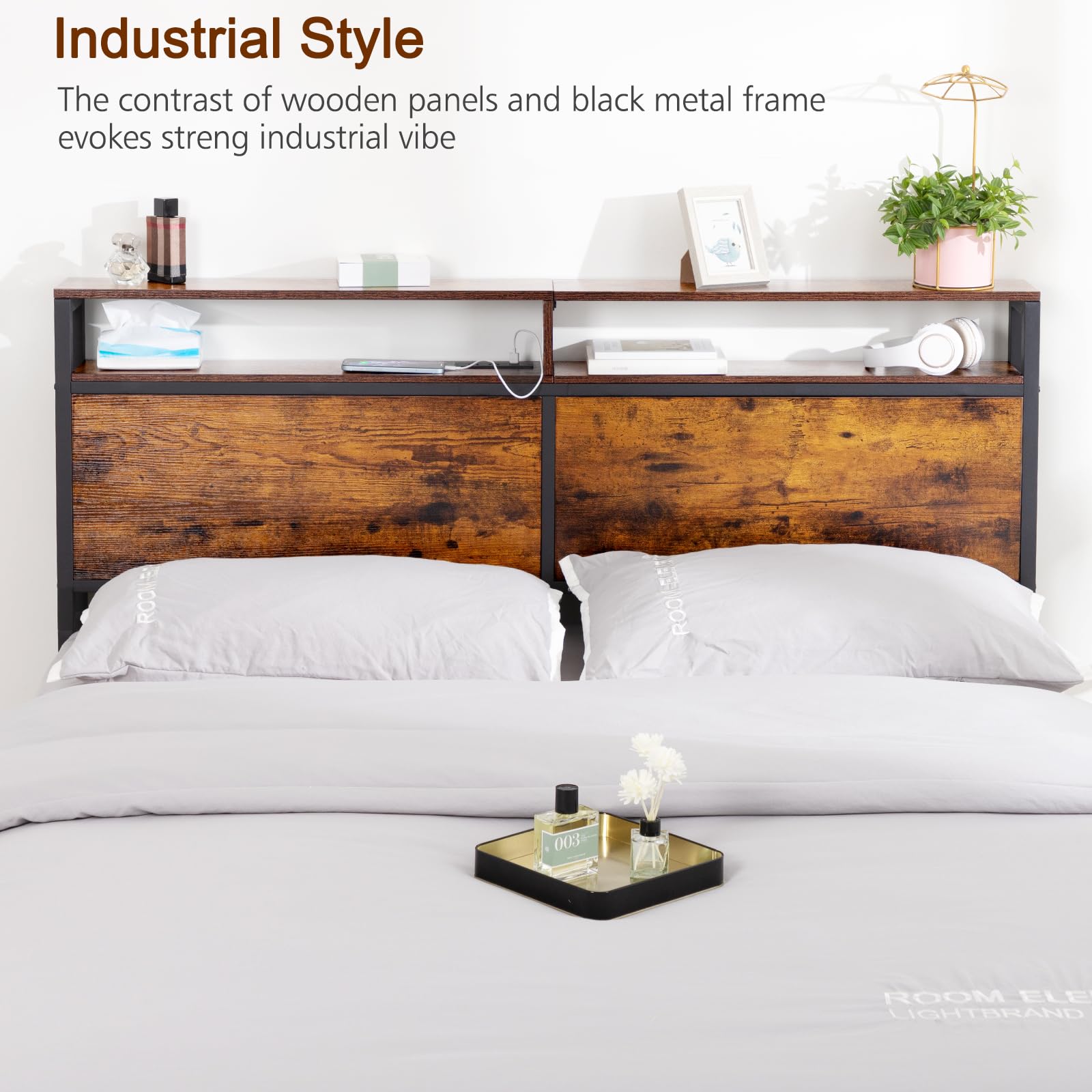 LOAKEKEL Queen Headboard Only, Headboard Queen Size with Outlets and USB Ports, Wood Platform Bed Queen Headboard with 2 Tier Storage Rack, Adjustable Height, Easy Assembly, Black HB052BK