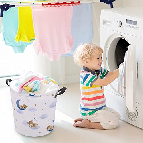 Cute Bear Pattern Waterproof Laundry Baskets Moon Stars Collapsible Laundry Hamper with Handles Large Round Toy Bin for Dirty Clothes,Kids Toys,Bedroom,Bathroom