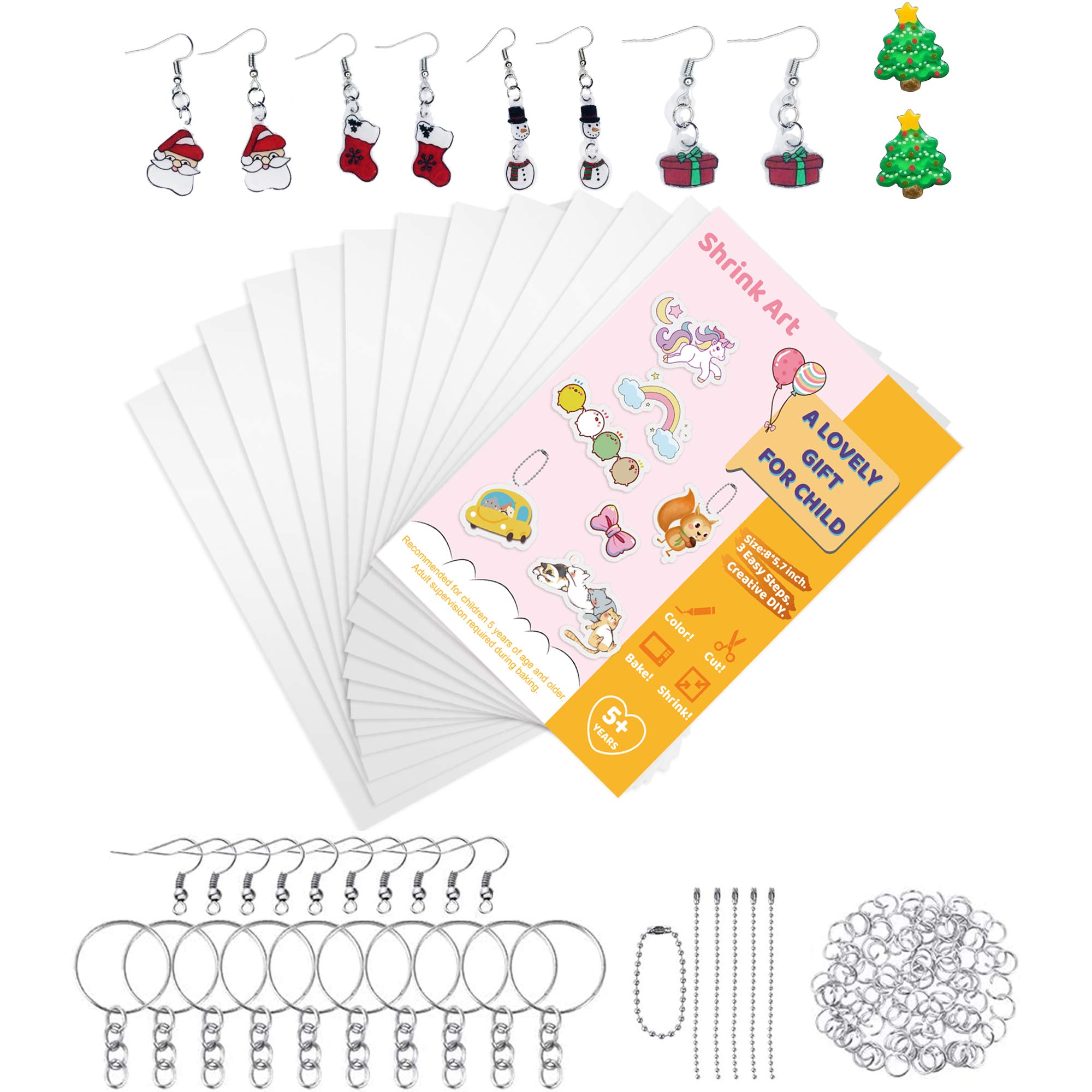 Rawskro 137 Pieces Shrink Plastic Sheet Kit Include 12 PCS Shrinky Art Paper with 125 PCS Keychains Accessories,Create Your Own Shinky Dinks, Earrings, Necklace, Keychains (A5 Size)
