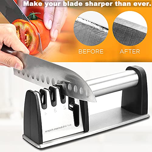 Knife Sharpeners, Best 4 in 1 Manual Kitchen Knives & Scissor Sharpeners, 4 - Stage Knife Sharpening System with Diamond Steel, Ceramic Stone, Ergonomic Design, Non-slip Base(Black)