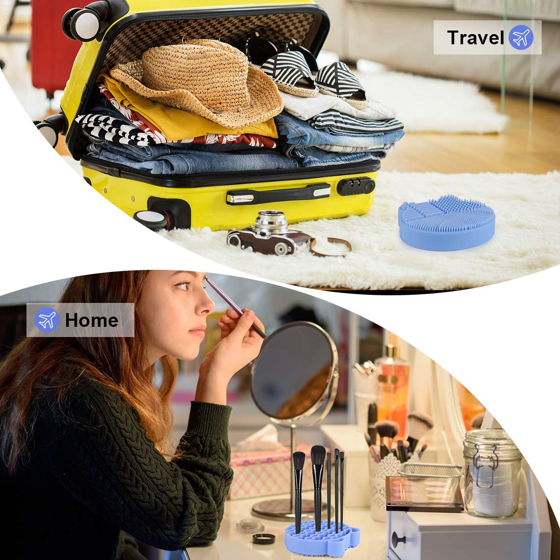 OMSM Brush Cleaning Mat+Color Removal Sponge,2 in 1 Silicone Brush Cleaning Mat with Holder for Storage&Air Dry Brushes,Clean Makeup Brushes Instantly-Blue