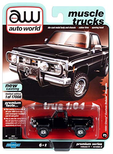 Auto World 1980 Chevrolet Custom Deluxe 10 Step Side Truck Gloss Black & Front Push Bar 1:64 Scale Die-Cast Model Car