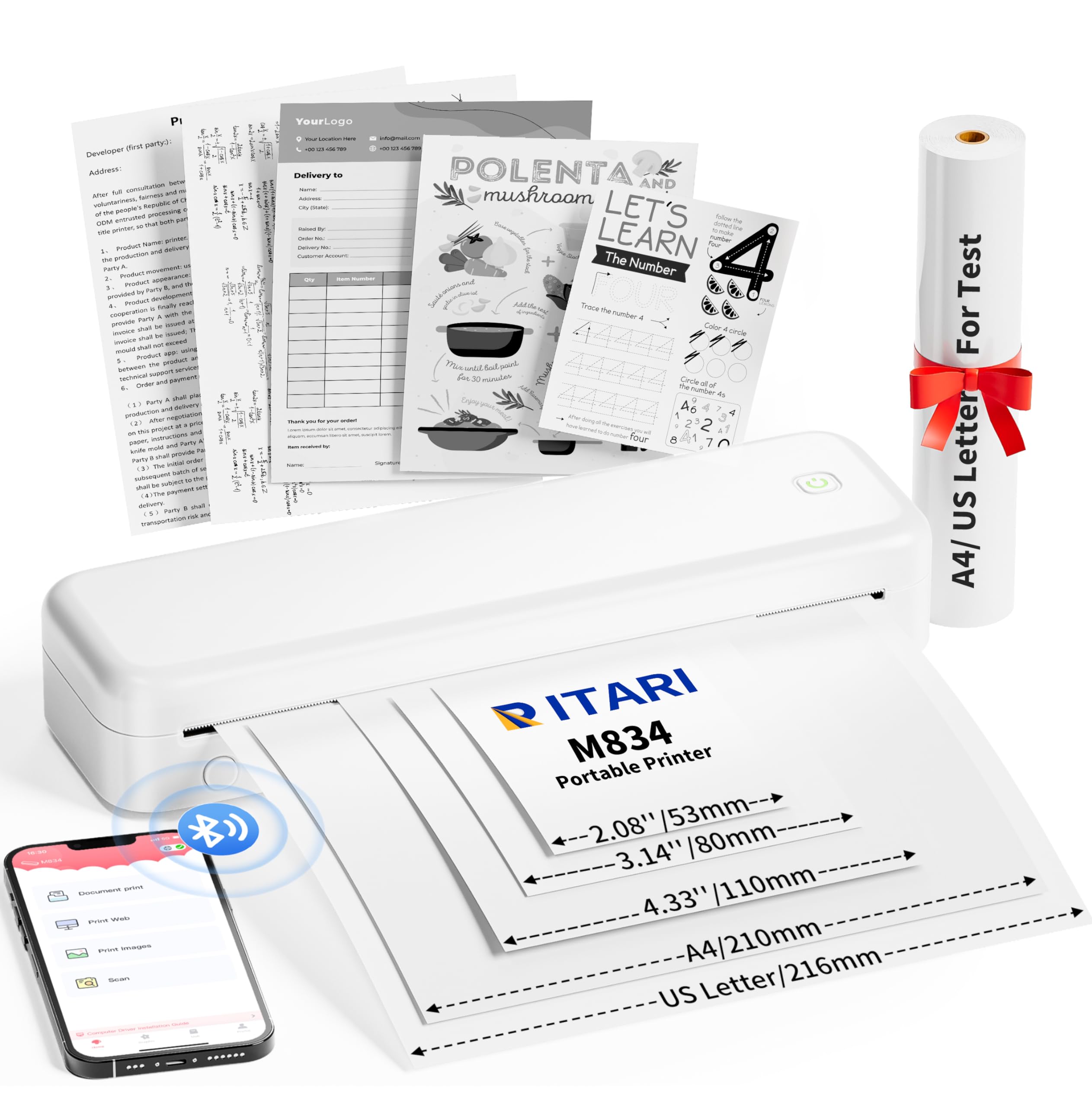 Itari M834 Upgraded Portable Printer, Bluetooth Thermal Printer, Wireless Inkless Printer Support 8.5" X 11" US Letter & A4 Thermal Paper for Office, Home, Travel, Compatible with Phone & PC, White