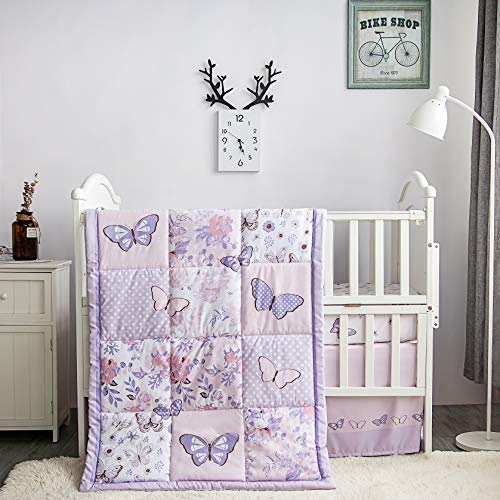 La Premura Lilac Butterfly Baby Girl Crib Bedding Set for Girls – Butterfly 3 Piece Standard Size Crib Bedding Sets in Pastel Pink and Purple