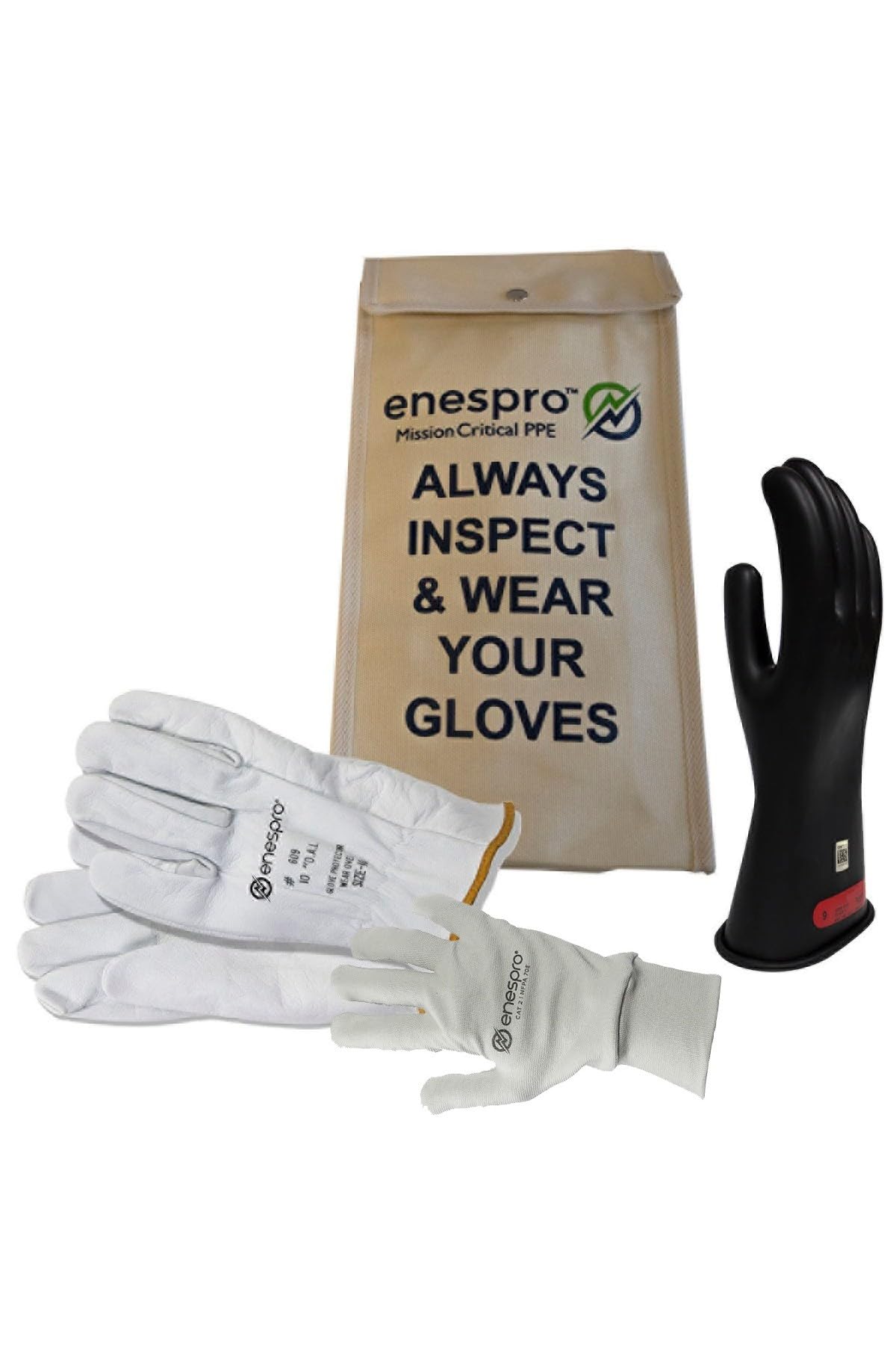 Enespro Class 0 Black Rubber Voltage Insulating Glove Premium Kit with FR Knit Glove and Leather Protectors, Max. Use Voltage 1,000V AC/ 1,500V DC, KITGC0B09AG