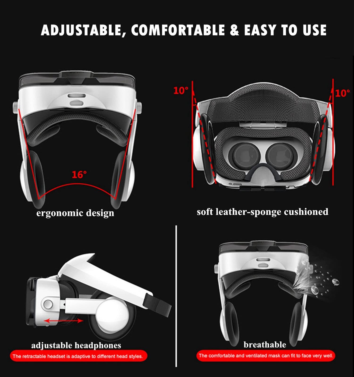3D VR Headset Virtual Reality Goggles w/ Over Ears HiFi Headphones for iPhone 13 12 11 Pro XS Max XR X SE 8 7 6S+, Samsung Galaxy Note 10 9 8 5 4 3 S21 S20 S10 S9 Edge+ iOS & Android Cellphone, White