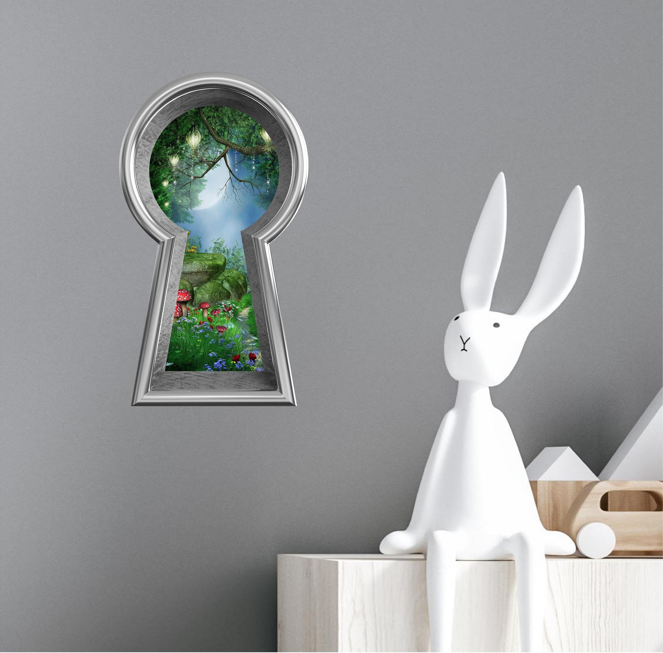 Silver Keyhole Window Wall Decal Enchanted Lantern Forest Wonderland Kids Room Decor Fantasy Mushroom Fairy Tale Removable Vinyl Wall Sticker 16 inch